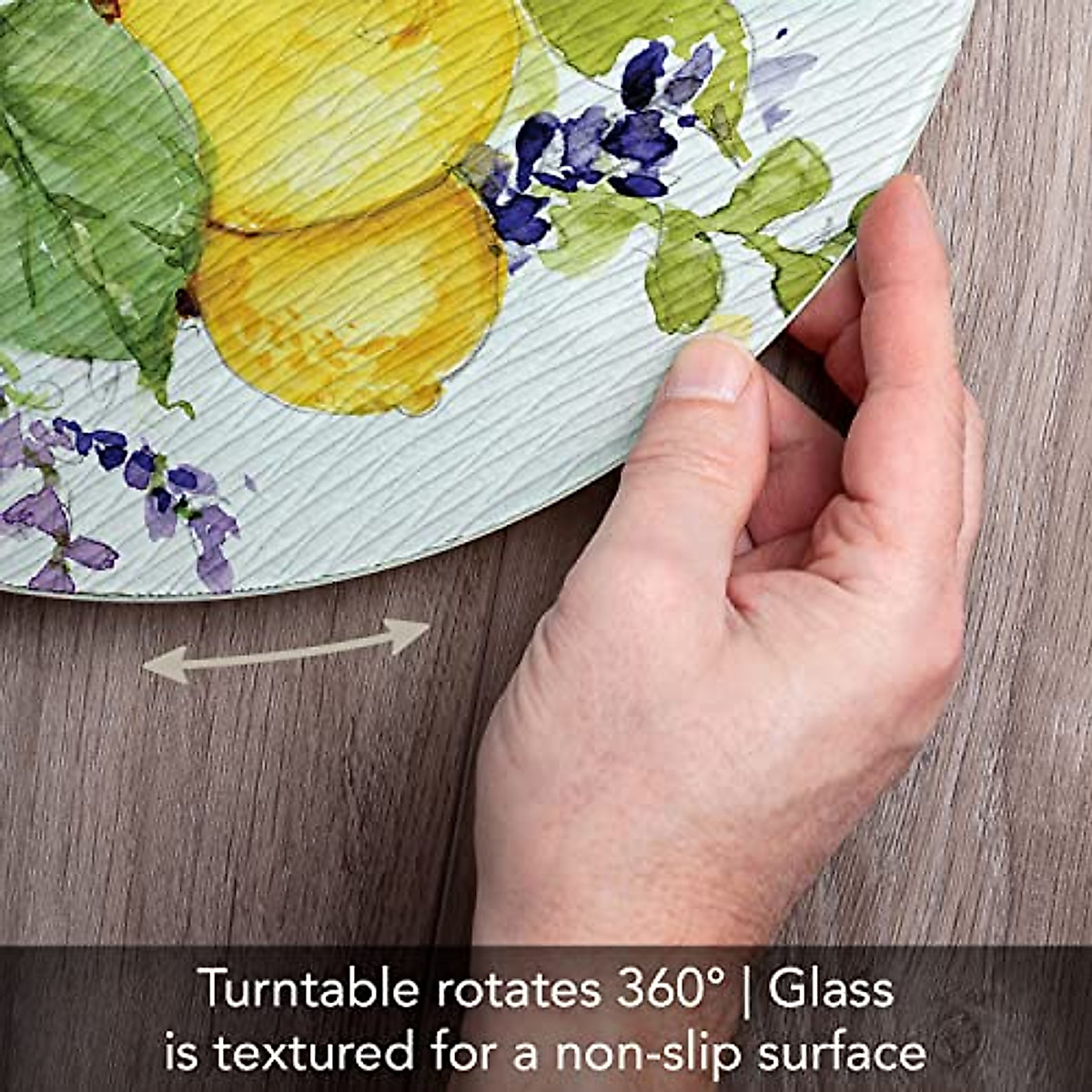 CounterArt Watercolor Lemons 4mm Heat Tolerant Tempered Glass Lazy Susan Turntable 13" Diameter Cake Plate Condiment Caddy Pizza Server