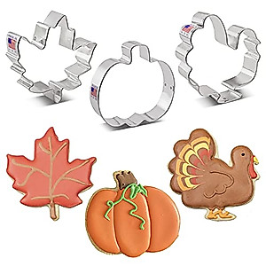 Thanksgiving and Fall Holiday Cookie Cutters 3-Pc. Set Made in USA by Ann Clark, Maple Leaf, Turkey, Pumpkin