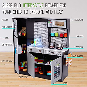 Lil' Jumbl Kids Kitchen Set, Pretend Wooden Play Kitchen, Battery Operated Icemaker, Burners, Faucet & Microwave Makes Realistic Sound & Light, Pots & Pan Included - Charcoal