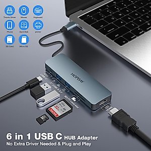 USB C Hub, USB C Adapter MacBook Pro/Air Ipad Pro Adapter, 6 in 1 with 4K HDMI Output, Compatible for Laptop, Surface Pro 8 and Other Type C Devices (PD 100W USB 3.0 TF Card Reader)