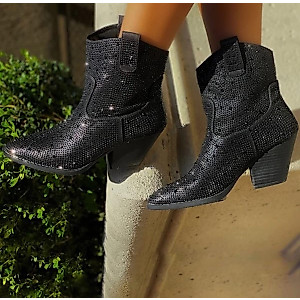 FOREVER Women Rhinestone Block Chunky Heel Ankle Bootie River-01 Black 8.5
