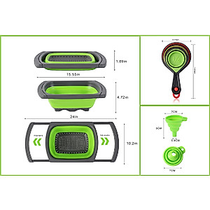 Collapsible Colander with Silicone Measuring Cups & Funnels for Filling Bottles, Food Strainers for Kitchen over the Sink with Extendable Handle (Green)