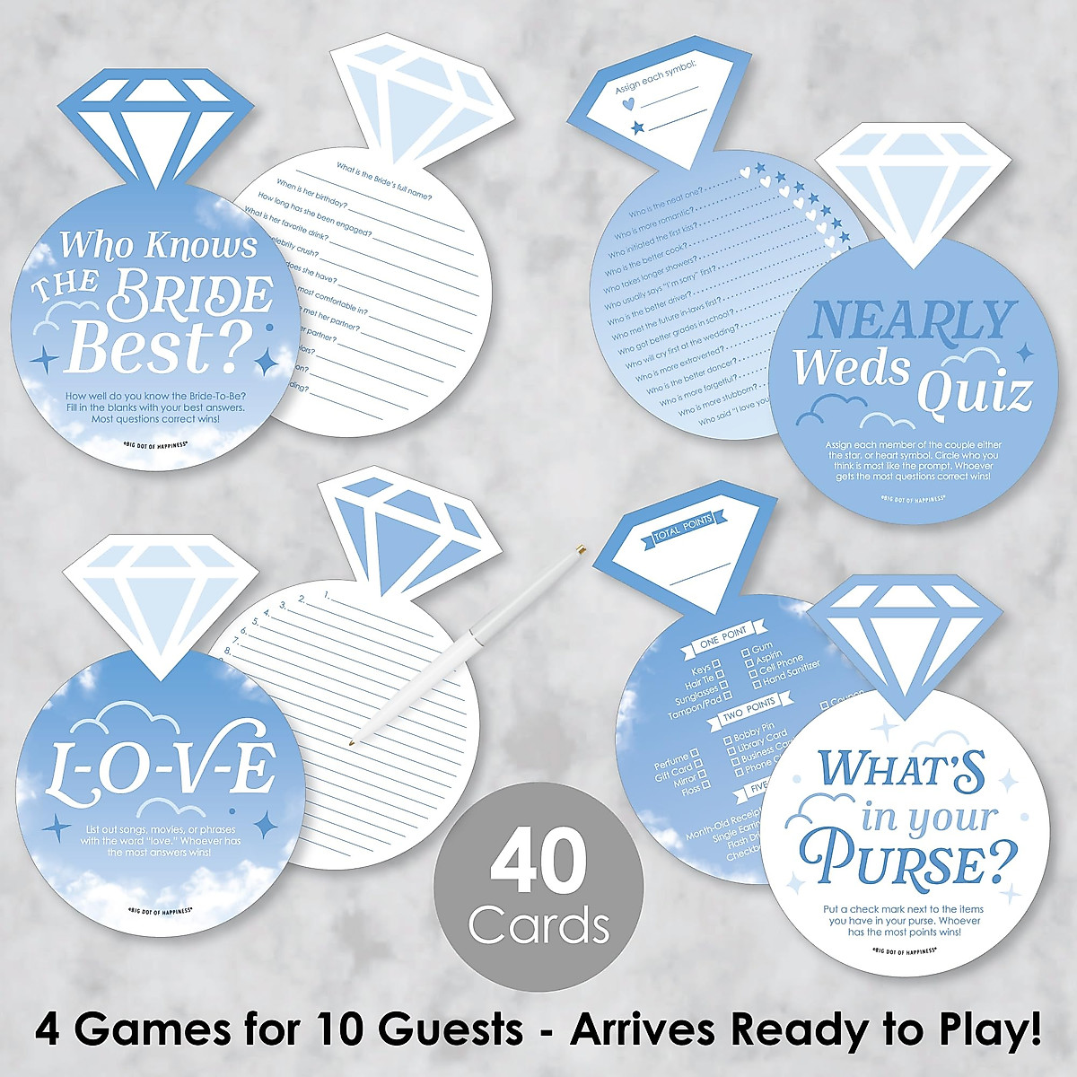 Big Dot of Happiness On Cloud 9-4 Bridal Shower Games - 10 Cards Each - Who Knows The Bride Best, Bride or Groom Quiz, Whats in Your Purse and Love - Gamerific Bundle