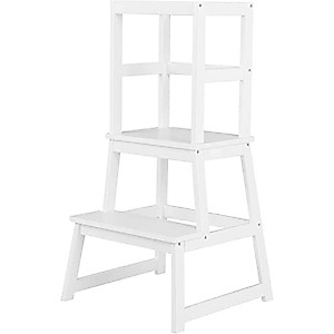 HONEY JOY Kids Kitchen Step Stool with Safety Rail, Wooden Montessori Kitchen Helper Standing Tower for Counter Bathroom Sink, Non-Slip Mat, Children Learning Stepping Stool for Toddlers 18+ Month