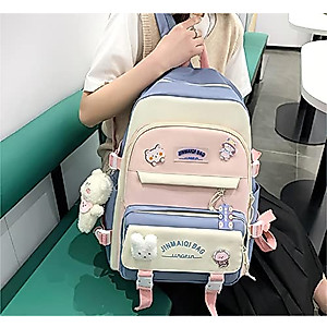 LaurelTree Kawaii Aesthetic Cute 5pcs School Bags Set with Accessories School Suppliers for Teens Girls Backpack Tote Bag (Blue)