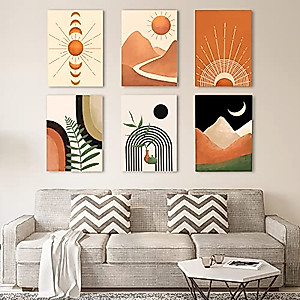Gisipameis Boho Wall Art Set of 6, Mid Century Modern Decor 8" x 10" Unframed, Sun Moon Palm Leaf Black Beige Neutral Abstract Geometric Boho Wall Decor Canvas Prints for Bedroom Living Room Bathroom (Orange)