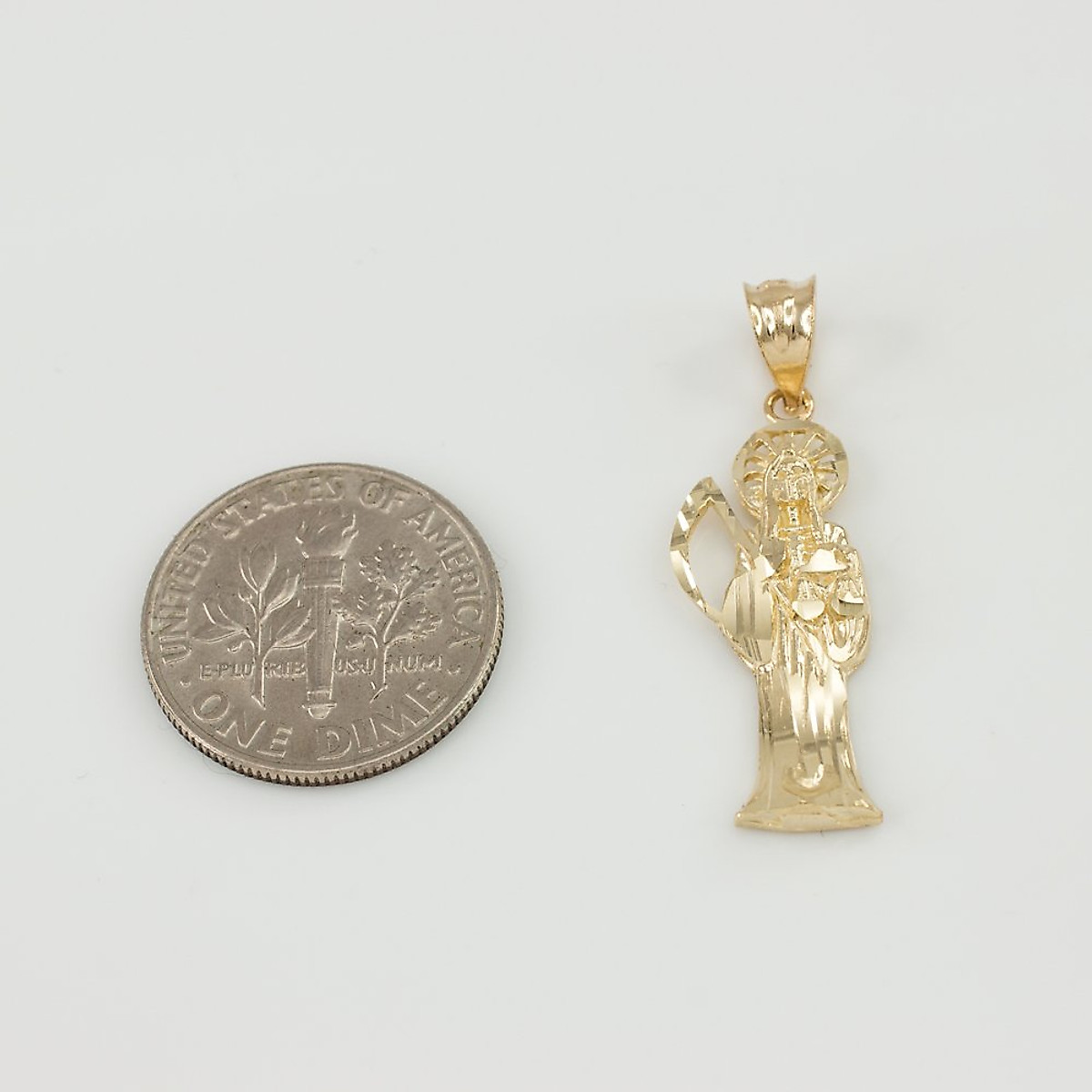 10K Yellow Gold Diamond Cut Santa Muerte Charm Pendant Necklace, 16" Chain