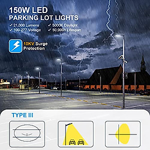 AKK 150W LED Parking Lot Lighting with Adjustable Slip Fitter, 21000LM (140LM/W) LED Parking Lot Lights, 5000K Street Light Dusk to Dawn Photocell, Waterproof LED Shoebox Light for Roadway, ETL Listed