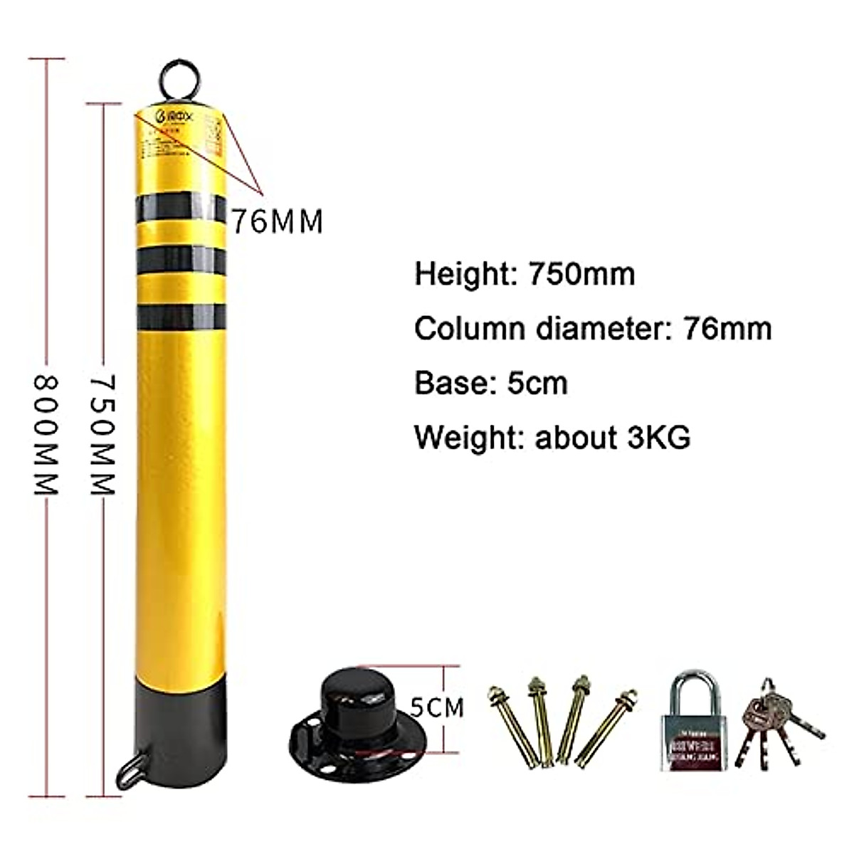 BYZOM Removable Car Parking Space Lock Bollard High 750mm Parking Bollard with Padlock & Screw Parking Barrier Post Easy Installation