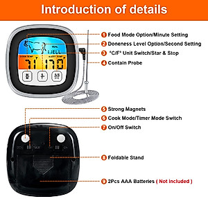 Instant Read Meat Thermometer Digital Thermometer, Professional Kitchen Cooking Thermometer for Grilling, Food Thermometer with Alarm Touch Screen IPX7 Waterproof Probe, Food Grade Material, 1 Pack