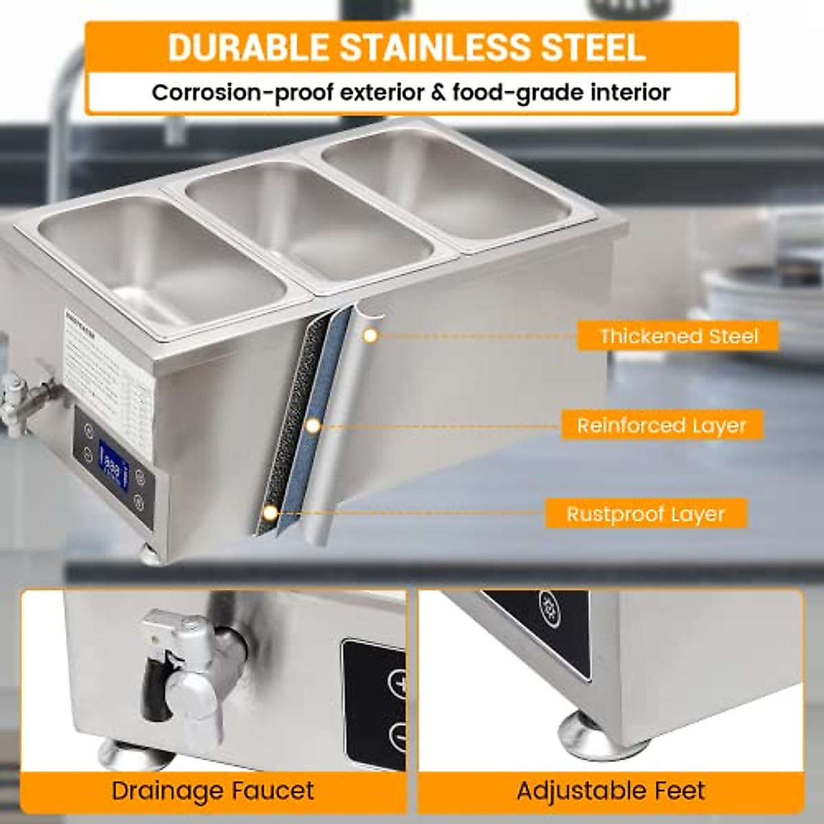 SWOTCATER 110V 3-Pan Commercial Food Warmer with Digital Display Temp, 6 inch Deep 2000W Electric Steam Table, Stainless Steel Buffet Bain Marie 16 Quart Capacity for Catering and Restaurants
