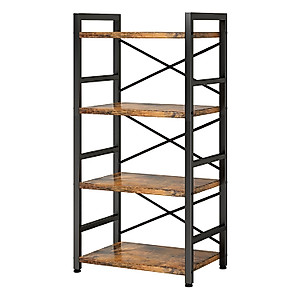 Homeiju Bookshelf, 4 Tier Small Bookcase, Organizers and Storage, Metal Small Bookcase, Rustic Book Shelf Organization and Storage for Living Room, Bedroom, and Home Office(Rustic Brown)