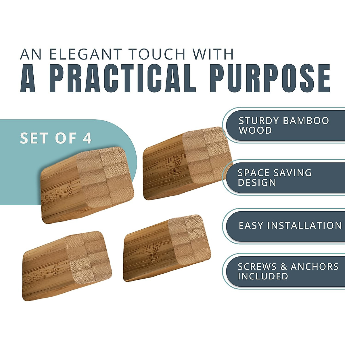 Comfify Set of 4 Bamboo Wall Hooks for Hanging Coats, Hats, Towels and More - Wall Mount Hooks for Hallway or Bathroom - Heavy Duty Wall Hooks