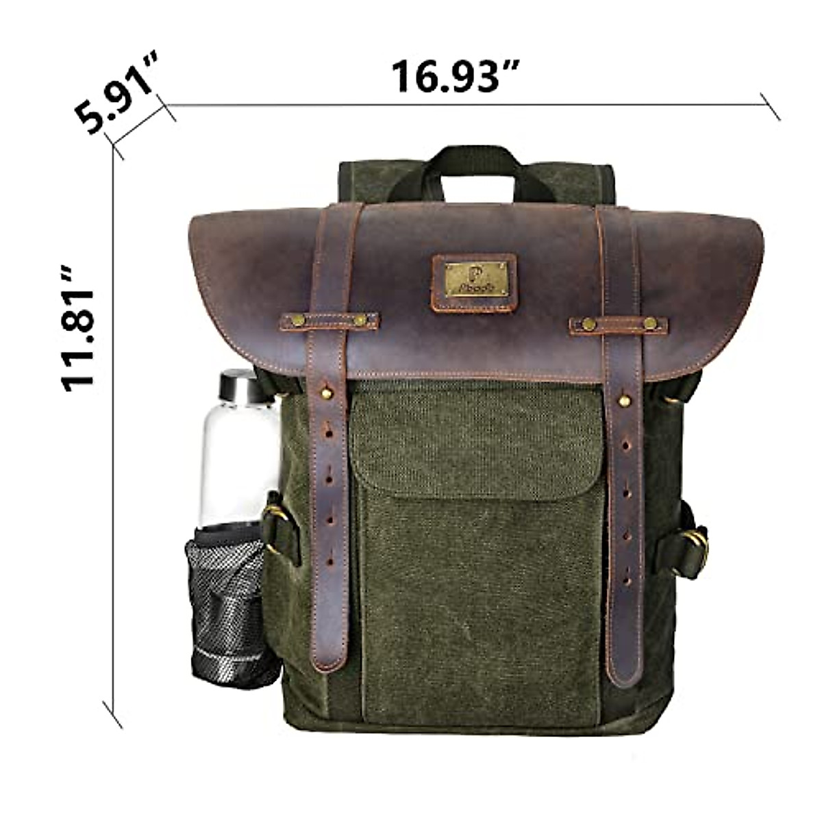 Canvas Backpack for Men Genuine Leather Cover Vintage Travel Rucksack School Book Bag, Fit 15.6" Laptop (Green)