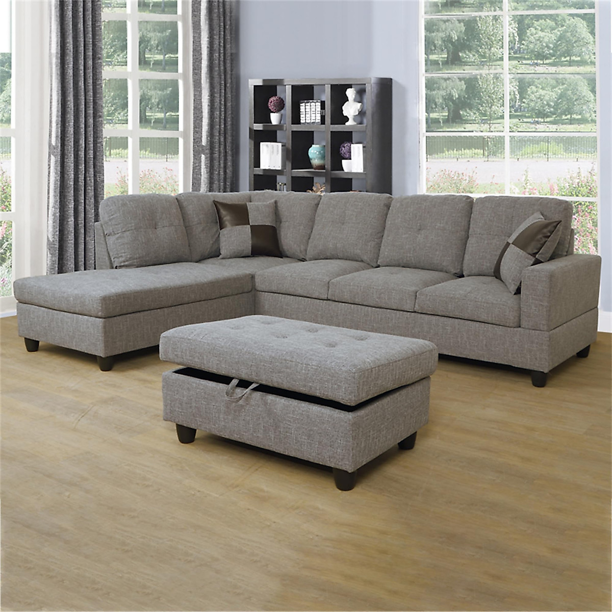 NOTOP 3-Piece Linen Leather L-Shaped Sectional Sofas, Button Tufted Upholstered Couch Set with Left Chaise Longue and Storage Ottoman, for Living Room, Home, Office, Grey