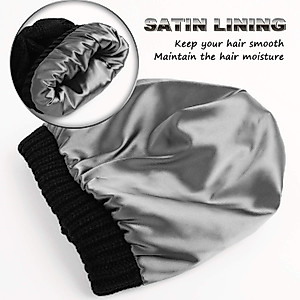 Winter Knit Beanie Hat for Women Men Satin Lined Cable Thick Slouchy Warm Cap Black