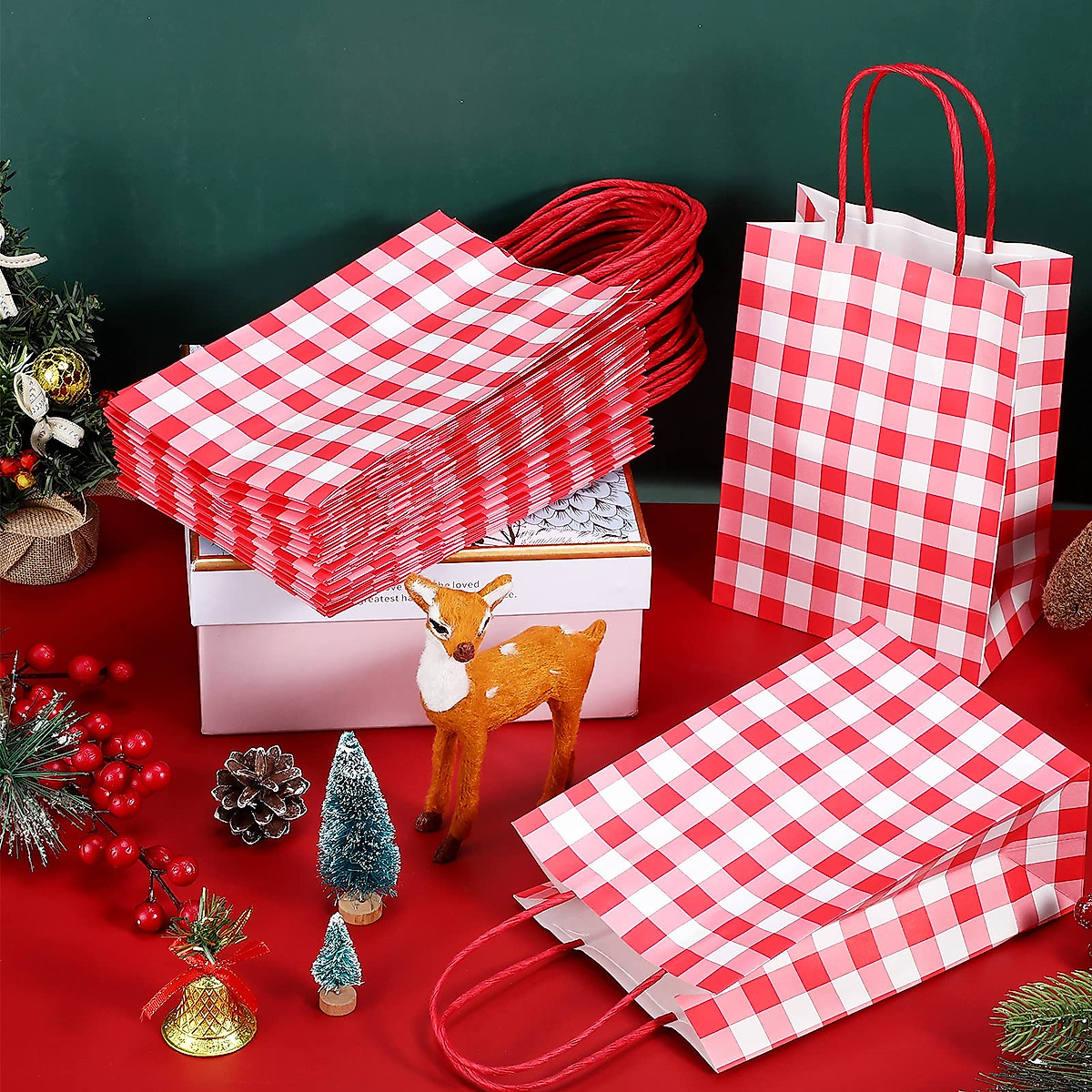 30 Pieces Gingham Gift Bags Kraft Paper Bag Christmas Buffalo Plaid Bag Present Bag Party Favor Bag with Handle Goody Bag for Christmas Birthday Party Supplies, 5.91 x 8.27 x 3.15 Inch (Red White)