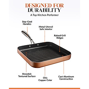 GOTHAM STEEL Nonstick Grill Pan for Stove Top with Grill Sear Ridges, Nonstick Ultra Durable Grilling Pan, Metal Utensil Safe, Stay Cool Stainless-Steel Handle, Oven & Dishwasher Safe, Non-Toxic