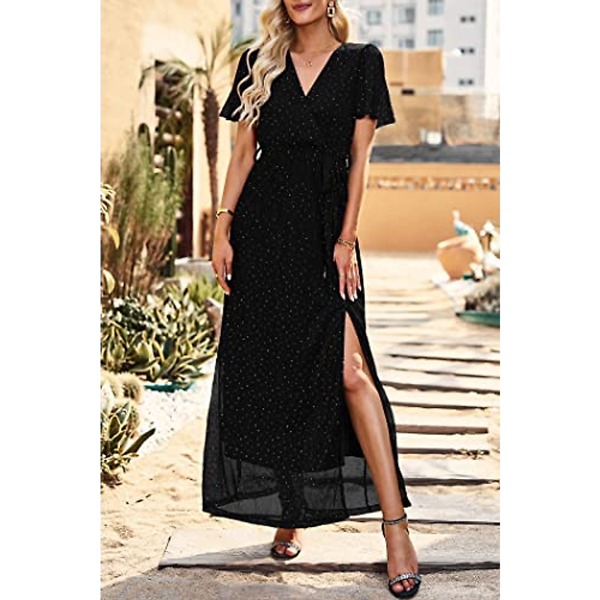 PRETTYGARDEN Women's Summer Maxi Glitter Dress Wrap V Neck Ruffle Sleeve Cocktail Party Long Dresses with Slit (Black,Small)