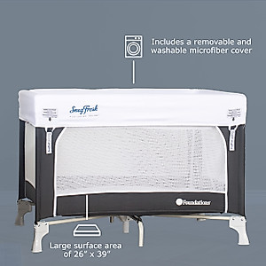 Foundations SnugFresh Celebrity Portable Play Yard, Baby Travel Crib with Machine Washable Sheet Cover, Foam Mattress, Graphite