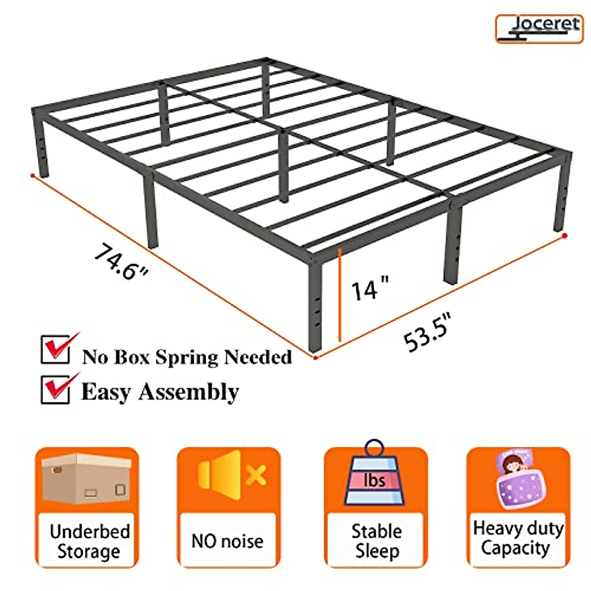 Joceret 14 Full Size Metal Platform Bed Frame,Fundation,Sturdy,Load-Bearing Capacity,Non Noise,Easy Assembly,Storage Space Underbed,Kids,Adults,Bedroom,Guest Room,Black