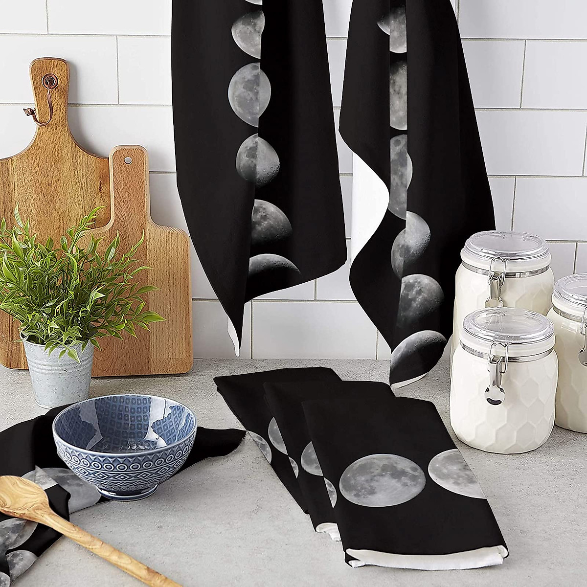 DuoPhi Kitchen Towels Set Round & Semicircle Moon Dish Towel Moon Phase Hand Towel 2 Pack Absorbent Soft Cotton Dishcloths Bar Towels & Tea Towels