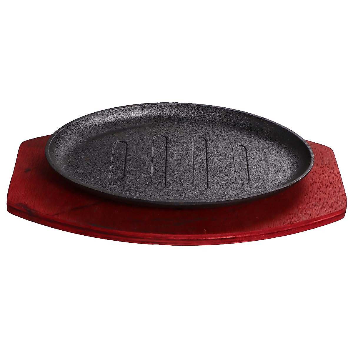 Yardwe Cast Iron Steak Pan, Round Sizzling Plate Fajita Skillet Steak Plate with Wooden Base for Kitchen Restaurant