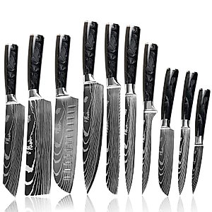 ROYAL SIGNET Kitchen knife sets, 3.5-8 inch set boxed knives 400 stainless steel ultra-sharp Japanese knives, damascu knife set, 10 tactical pieces knife set for chefs (Black Resin)