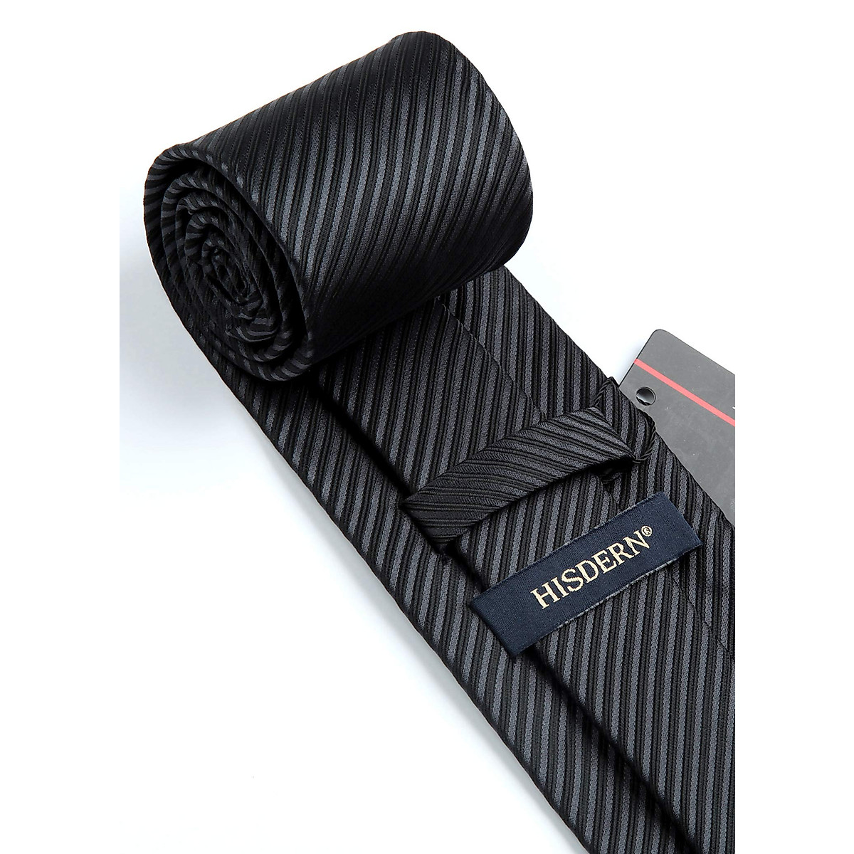 HISDERN Black Ties for Men Formal Mens Ties and Pocket Square Set Classy Silk Striped Necktie Handkerchief for Wedding Business Graduation School Party