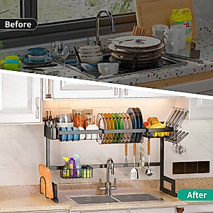 ADBIU Over The Sink Dish Drying Rack (Expandable Height and Length) Snap-On Design 2 Tier Large Dish Rack (24" - 35.5"(L) x 12.1"(W) x 19" - 22"(H))