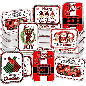 WorldBazaar Christmas Aluminum Leftover Containers 36PCS Watercolor Christmas Food Storage Containers with Lids Disposable Christmas To Go Containers Foil Tin Pans Winter Holiday Party Supplies