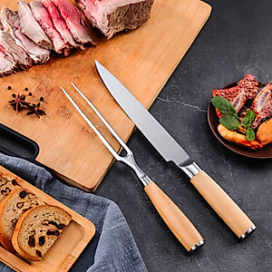 WEQUALITY Carving Knife and Fork Set with Bamboo Handles,Meat Turkey Carving Set，Premium Molybdenum Vanadium Steel Meat Slicing Knife with Meat Fork,Gift Box Packing