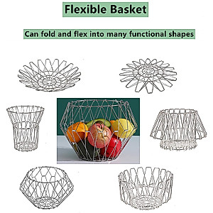 huaqinghua Fruit Basket, Decorative Bowl, Flexible Stainess Steel Wire Basket Transforming, Arts Storage or Holder Vegetable Bread Snacks for Counters, Kitchen, Living Room (1 PCS) Sliver