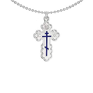 ITI Precious NYC Solid 925 Sterling Silver Russian Orthodox Cross with Blue Enamel (40 x 21 mm) with Sterling Silver Chain (24 in)