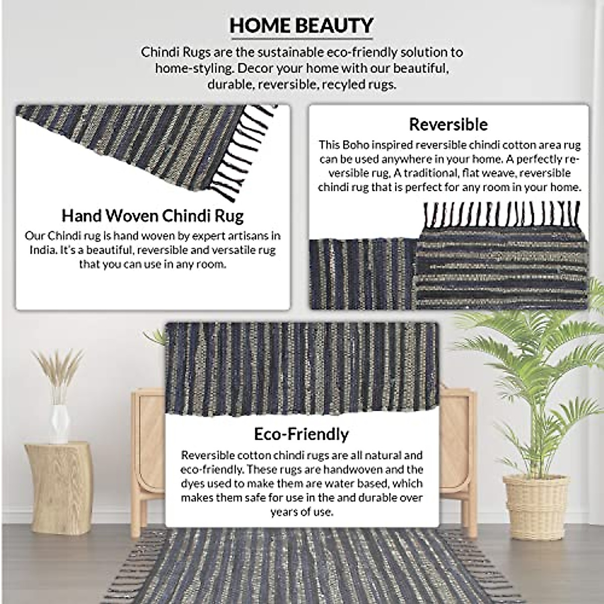 Asraie Eco Friendly Hand Woven & Reversible Cotton Chindi Rag Rug 100% Recycled Cotton Area Rug for Living Room Kitchen Entryway 2x3' (Black Multi)