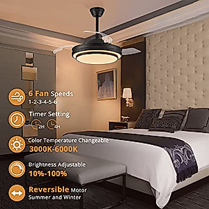 LEDIARY 42 Inch Retractable Ceiling Fans with Lights and Remote, Bladeless Ceiling Fans with LED Lighting, Smart Modern Ceiling Fan, Stepless Color Changeable, Dimmable, Timer Setting - Black