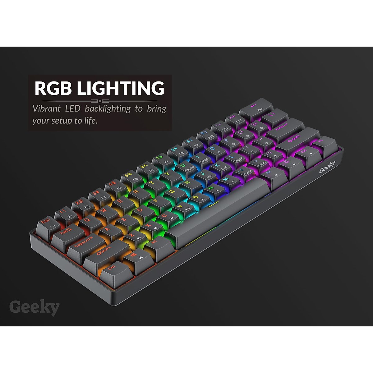 Geeky GK61 SE 60% | Mechanical Gaming Keyboard | 61 Keys Multi Color RGB LED Backlit for PC/Mac Gamer | ANSI US American Layout (Black, Mechanical Brown)