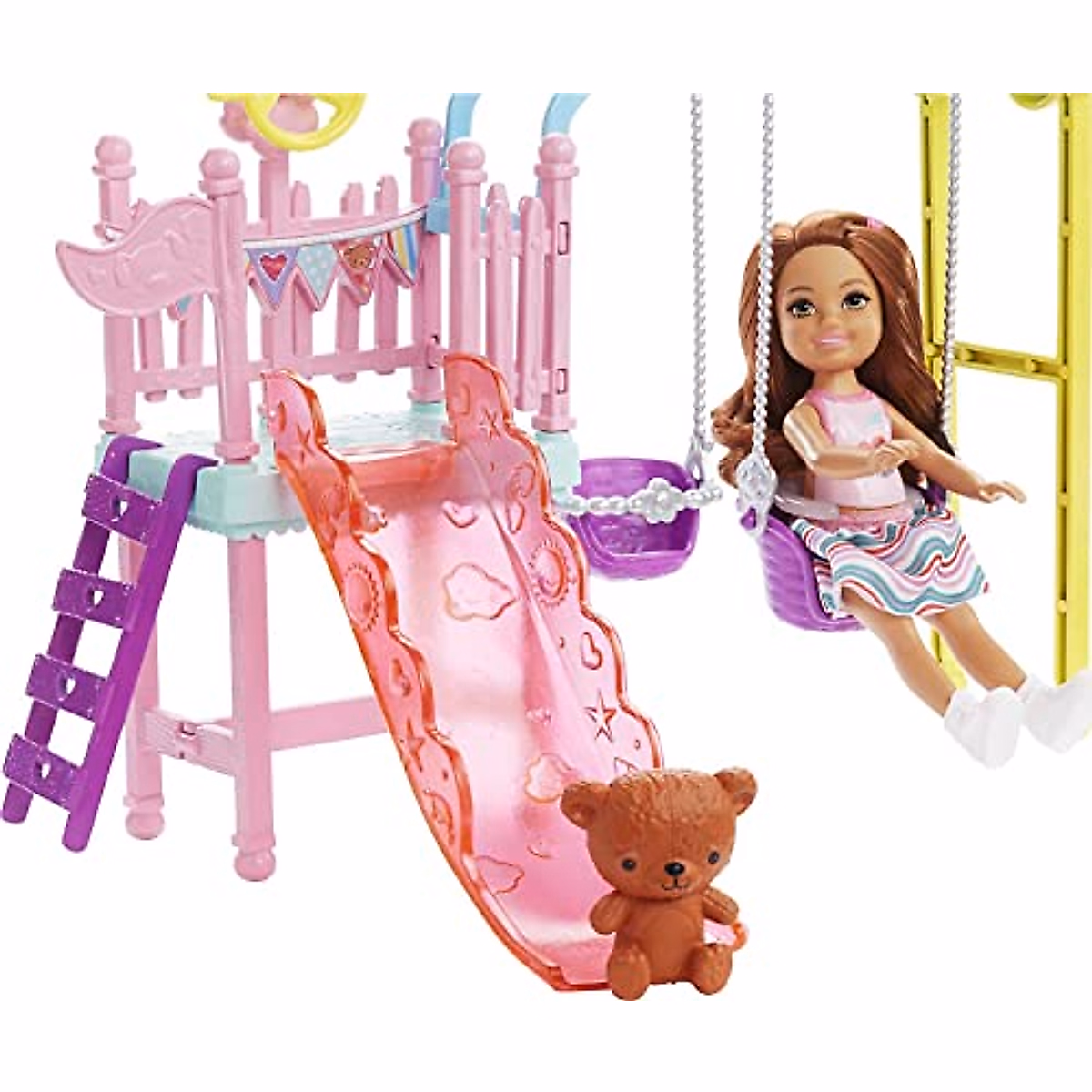 Barbie Club Chelsea Doll and Swing Set Playset with 2 Swings and Slide, Plus Teddy Bear Figure, Gift for 3 to 7 Year Olds