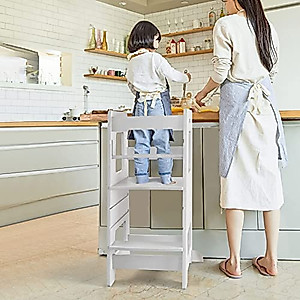 Kitchen Step Stool, WOOD CITY Toddler Kitchen Stool Helper with Safety Rail, Height Adjustable Child Standing Tower Learning Stool for Kitchen Counter and Bathroom Sink (White)
