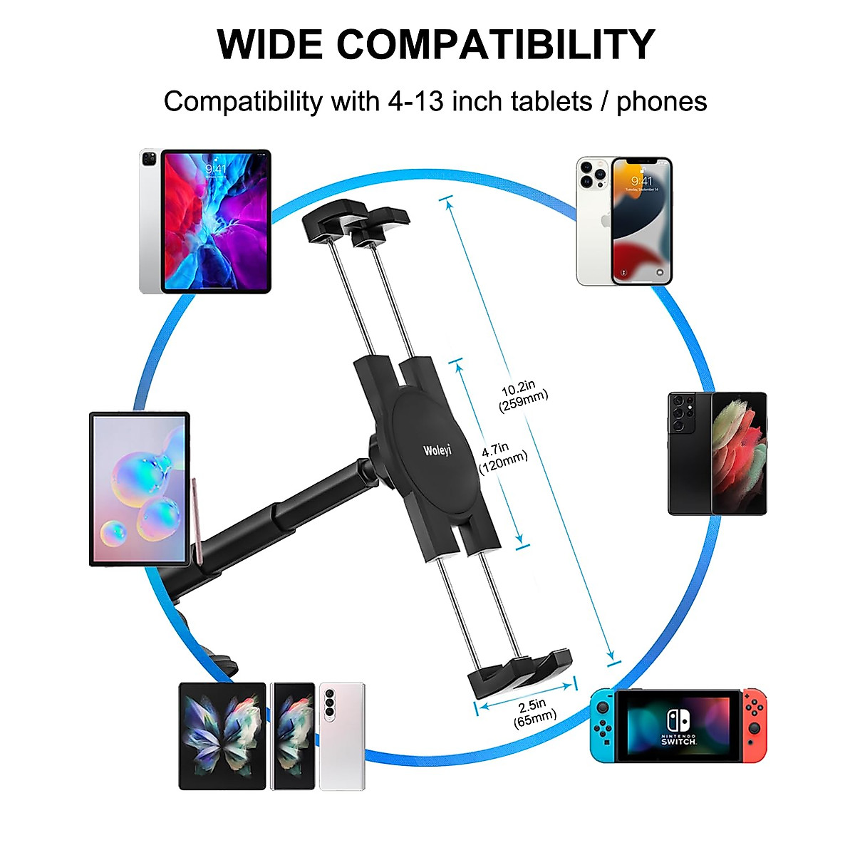 woleyi Dashboard Car Tablet Mount, Telescopic Tube Suction Cup Car Tablet Holder, Compatible with iPad Pro/Air/Mini, Galaxy Tab/Z Fold, Fire HD, Surface, iPhone, More 4.7-13" Cell Phones and Tablets