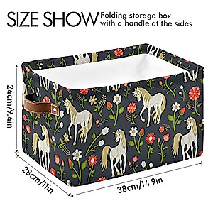 KLL Storage Bins Large Foldable Floral Pattern with Magic Unicorns Storage Basket with Leather Handles for Home Office Closet or Shelves
