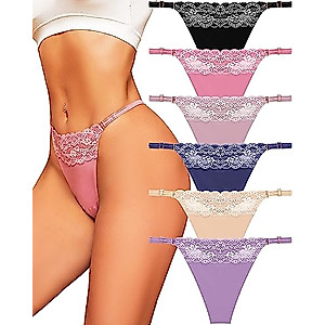 FINETOO 6 Pack Adjustable G String Thongs for Women Seamless Underwear High Cut Lace Trim Thong Womens Panties Sexy S-XL