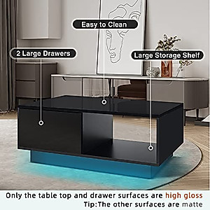 HOMMPA Small LED Coffee Tables for Living Room Black Coffee Table with LED Lights Modern Low Profile Center Table with High Gloss Table Top for Small Place 13" Tall