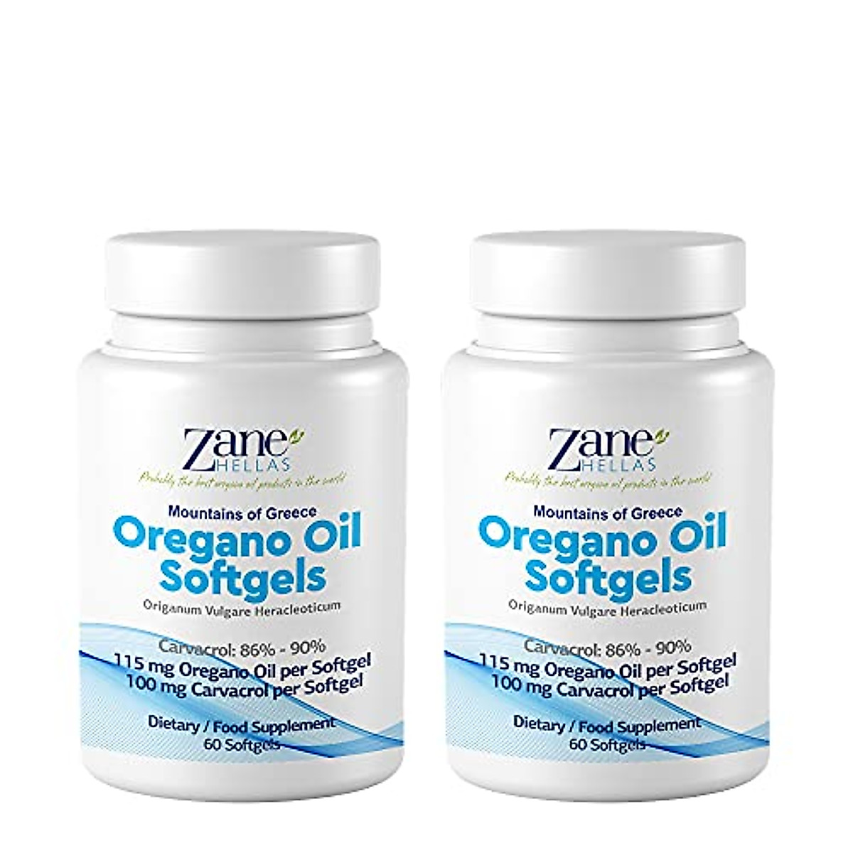 Zane Hellas Oregano Oil Softgels. Extra Strength. Every Softgel Contains 15% Greek Essential Oil of Oregano. 64 mg Carvacrol per Softgel. 60 Softgels. Pack of 2