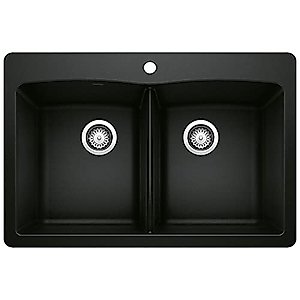 BLANCO Diamond Silgranit 50/50 Double Bowl Undermount or Drop-In Kitchen Sink, 33x22x9.5, Coal Black