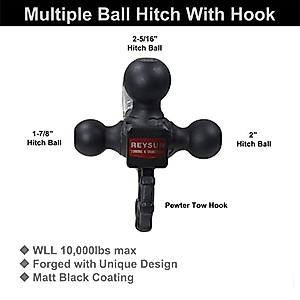 REYSUN Trailer Hitch 864011L Tri Ball Mount with Hook, Tactical Tow Hook, Fits 2 inch Hitch Receiver, Secure with Self-Lock Latch, Matt Black, 5/8 Inch Hitch Lock Included…