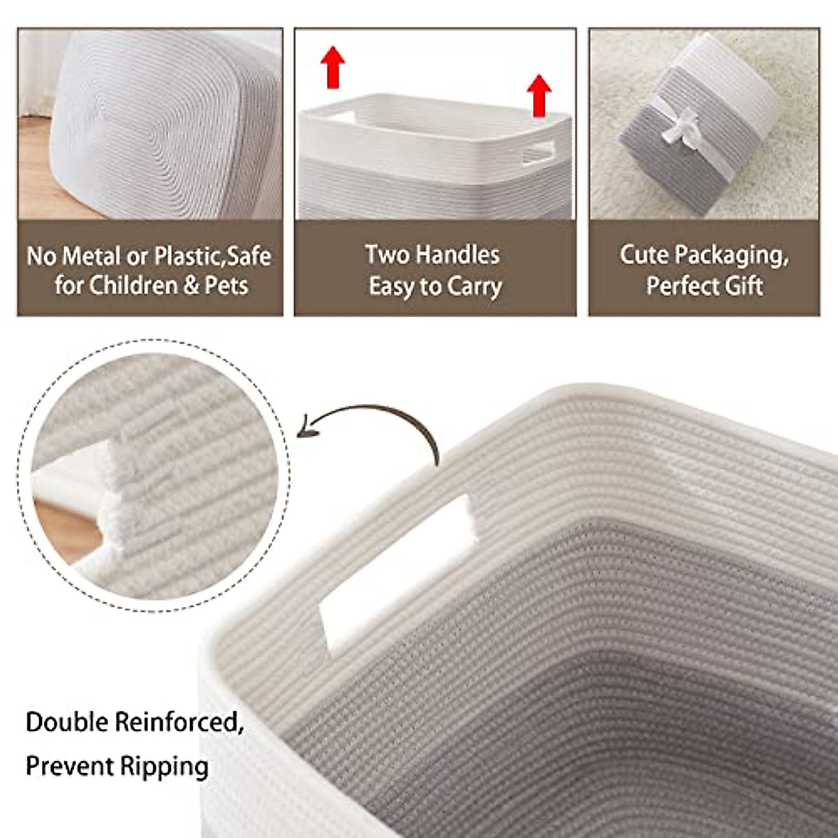 OIAHOMY Cotton Rope Basket 71L - Blanket Basket Living Room,Kids Woven Basket with Handle, Nursery Storage Basket,Baby and doy Toy Baskets Bin, Gradient Grey