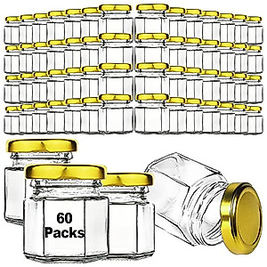 Syntic 60 Pcs Small Glass Favor Jars with Airtight Lids, 1.5 oz Mini Honey Jars for Wedding Favor, Baby Shower, DIY Gift, Small Hexagon Mason Jars for Body Butter, Jam, Spices, Candle, Herbs