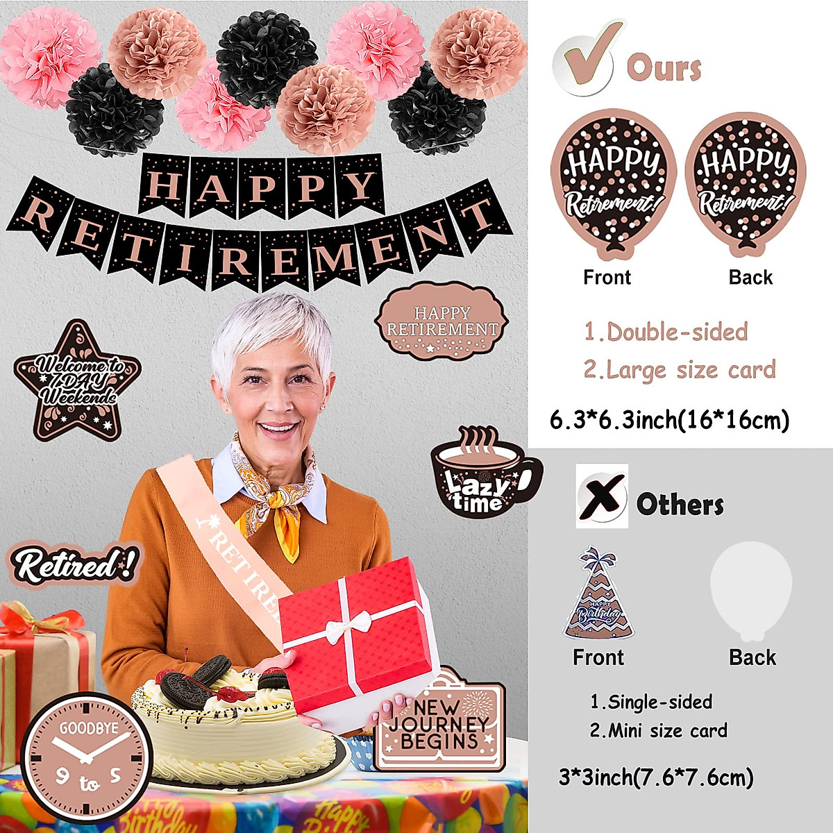 Retirement Decorations Women Rose Gold Happy Retirement Party Decorations Female (52pack) Happy Retirement Banner Gifts, Retirement Decor Double-Sided Pattern Card, Pompoms, Hanging Swirl Retired Sash