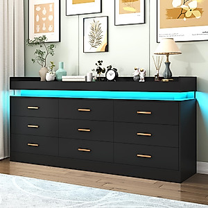 Hlivelood 9 Drawer Dresser with LED Light and Charging Station, Modern Chest of Drawers for Closet, Wide Drawer Organizer Cabinet for Bedroom, Living Room, Entryway, Hallway(9 Drawer Black)